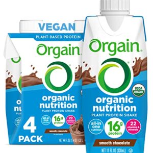 Orgain Organic Vegan Plant Based Nutritional Shake, Smooth Chocolate - Meal Replacement, 16g Protein, 22 Vitamins & Minerals, Dairy Free, Gluten Free, 11 Fl Oz (Pack of 4)