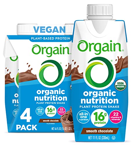 Orgain Organic Vegan Plant Based Nutritional Shake, Smooth Chocolate - Meal Replacement, 16g Protein, 22 Vitamins & Minerals, Dairy Free, Gluten Free, 11 Fl Oz (Pack of 4)