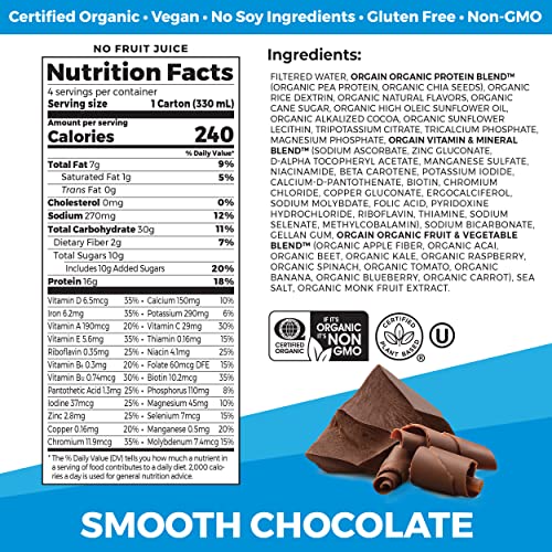 Orgain Organic Vegan Plant Based Nutritional Shake, Smooth Chocolate - Meal Replacement, 16g Protein, 22 Vitamins & Minerals, Dairy Free, Gluten Free, 11 Fl Oz (Pack of 4)