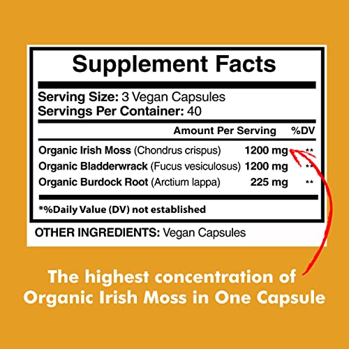 Organic Sea Moss 2625mg, Seamoss, Hand Harvested, Irish Moss Bladderwrack and Burdock Root, Sea Moss Capsules, Irish Sea Moss Alternative to Sea Moss Powder, Sea Moss Gel, 120 Vegan Capsules