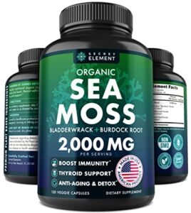 organic sea moss capsules – burdock root, irish moss and bladderwrack capsules for immune system, gut, skin & energy – 120 irish seamoss pills with raw sea moss powder