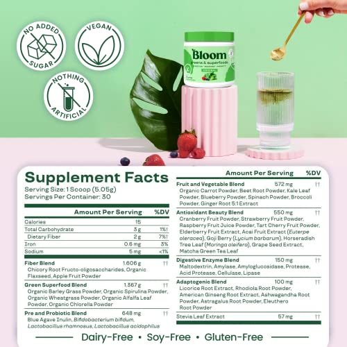 Bloom Nutrition Super Greens Powder Smoothie & Juice Mix - Probiotics for Digestive Health & Bloating Relief for Women, Digestive Enzymes with Superfood Spirulina & Chlorella for Gut Health (Original)