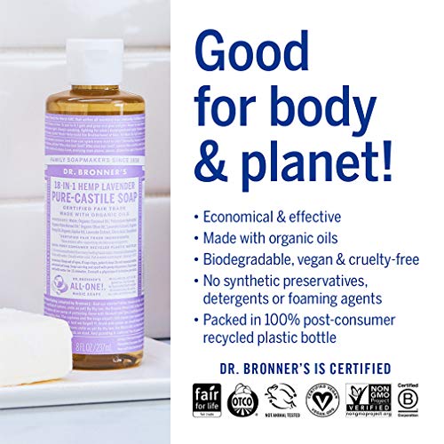 Dr. Bronner’s - Pure-Castile Liquid Soap (Lavender, 8 ounce) - Made with Organic Oils, 18-in-1 Uses: Face, Body, Hair, Laundry, Pets and Dishes, Concentrated, Vegan, Non-GMO