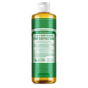 dr. bronner’s – pure-castile liquid soap (almond, 16 ounce) – made with organic oils, 18-in-1 uses: face, body, hair, laundry, pets and dishes, concentrated, vegan, non-gmo