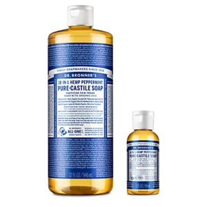 dr. bronner’s – pure-castile liquid soap (peppermint, 32 ounce and 2oz bundle) – made with organic oils, 18-in-1 uses: face, body, hair, laundry, pets and dishes, concentrated, vegan, non-gmo