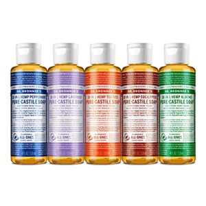 dr. bronner’s – pure-castile liquid soap (4 ounce variety pack) peppermint, lavender, tea tree, eucalyptus, almond – made with organic oils, 18-in-1 uses: face, body, hair, laundry, pets and dishes