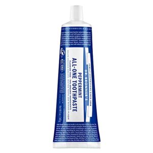 dr. bronner’s – all-one toothpaste (peppermint, 5 ounce) – 70% organic ingredients, natural and effective, fluoride-free, sls-free, helps freshen breath, reduce plaque, whiten teeth, vegan