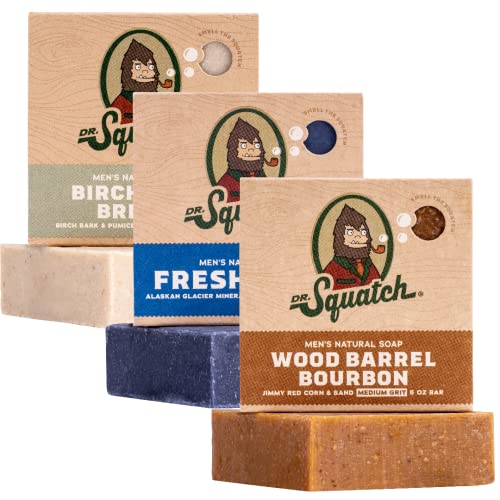 Dr. Squatch All Natural Bar Soap for Men, 3 Bar Variety Pack, Wood Barrel Bourbon, Fresh Falls, Birchwood Breeze - Natural Men's Bar Soap