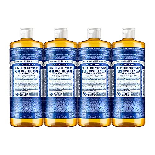 Dr. Bronner's - Pure-Castile Liquid Soap (Peppermint, 32 Ounce, 4-Pack) - Made with Organic Oils, 18-in-1 Uses: Face, Body, Hair, Laundry, Pets & Dishes, Concentrated, Vegan, Non-GMO