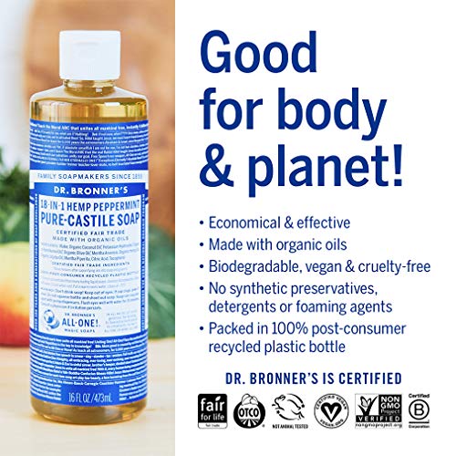 Dr. Bronner’s Pure Castile Liquid Soap Made with Organic Oils, 18-in-1 Uses, Peppermint, 16 oz (2Pack)