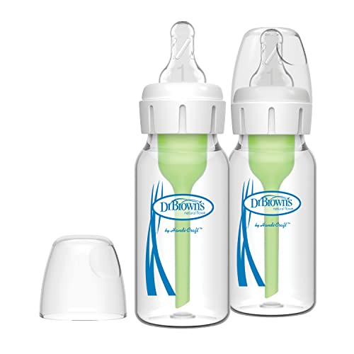 Dr. Brown’s Natural Flow® Anti-Colic Options+™ Narrow Glass Baby Bottles 4 oz/120 mL, with Level 1 Slow Flow Nipple, 2 Pack, 0m+