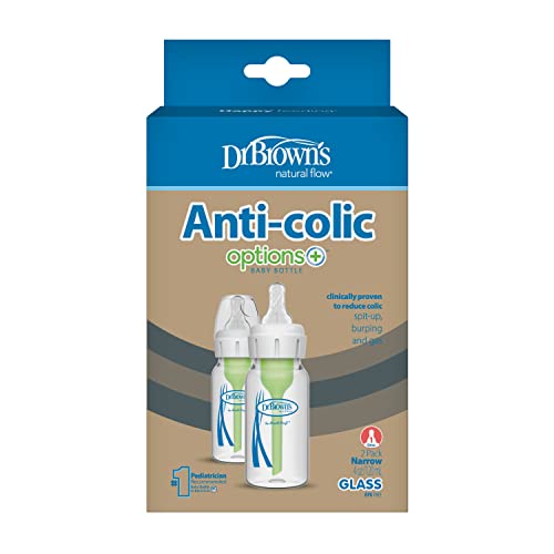 Dr. Brown’s Natural Flow® Anti-Colic Options+™ Narrow Glass Baby Bottles 4 oz/120 mL, with Level 1 Slow Flow Nipple, 2 Pack, 0m+