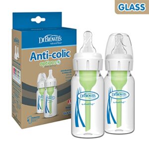 Dr. Brown’s Natural Flow® Anti-Colic Options+™ Narrow Glass Baby Bottles 4 oz/120 mL, with Level 1 Slow Flow Nipple, 2 Pack, 0m+