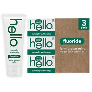 hello naturally whitening fluoride toothpaste, natural peppermint flavor and tea tree oil, peroxide free, gluten free, sls free, 3 pack, 4.7 oz tubes