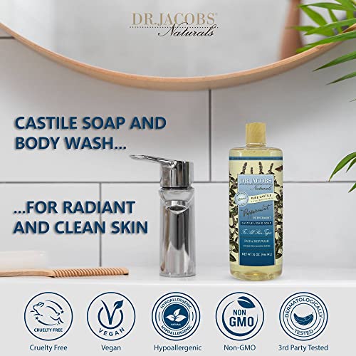 Dr Jacobs Naturals Pure Castile Liquid Soap Gel - Sensitive (Unscented, 32 oz 1-Pack) Made with Premium Organic Oils - Vegan, No Palm Oil, GMO Free - Concentrated, Multi-Purpose for Face, Body, Hair, Pets, Laundry and Dishes - Hypoallergenic and Dermatolo