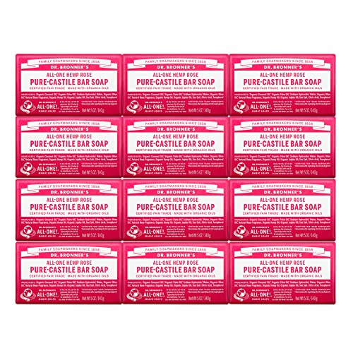 Dr. Bronner's - Pure-Castile Bar Soap - Rose, Made w/Organic Oils, For Face, Body & Hair, Gentle & Moisturizing, Smooth Lather, Biodegradable, Vegan, Cruelty-free, Non-GMO (5oz, 12-Pack)