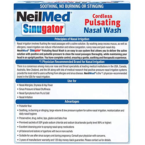 NeilMed Sinugator Cordless Pulsating Nasal Wash Kit with One Irrigator, 30 Premixed Packets and 3 AA Batteries(Pack of 1)