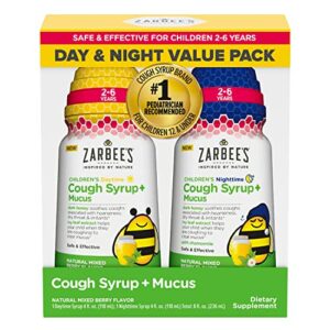 zarbee’s kids cough + mucus day/night value pack for children 2-6 with dark honey, ivy leaf, zinc & elderberry, 1 pediatrician recommended, drug & alcohol-free, mixed berry flavor, 2x4fl oz