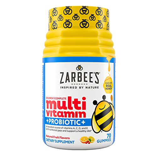 Zarbee's Kid's Complete Multivitamin + Probiotic Gummies with Vitamins A; B; C; D; E & zinc for Digestive Health; Easy To Chew; Kids Daily Multivitamin Gummies; Natural Fruit; 70 Count