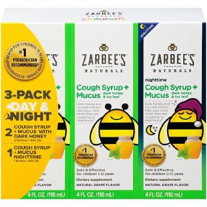 Zarbee's Child Natural Cough Syrup 3-Day Pack Day/Night Dk Honey Mucus Relief - 4 oz Each (12 oz Total)