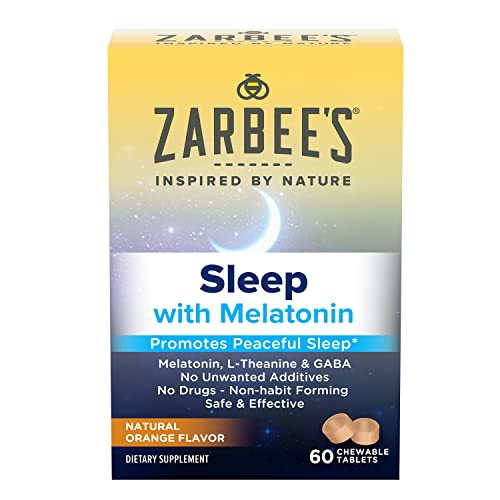 Zarbee's Melatonin 5mg, L-Theanine + GABA Sleep Supplement to Promote Peaceful Sleep, Natural Orange Flavor, Chewable Tablets for Adults Age 12 Up, 60 Count