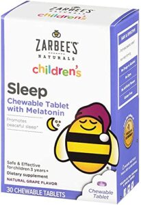 zarbee’s kids 1mg melatonin chewable tablet, drug-free & effective sleep supplement, easy to take natural grape flavor tablets for children ages 3 and up, 30 count