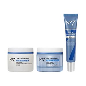 no7 lift & luminate triple action skincare system – broad spectrum anti aging day cream spf 30 + vitamin c anti wrinkle face serum + collagen peptide brightening night cream (3 piece kit)