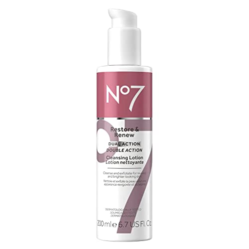 No.7 No7 Restore & Renew Dual Action Cleansing Lotion - Facial Cleanser & Exfoliant with Alpha Hydroxy Acid - Cleansing Lotion Makeup Remover for Anti Aging