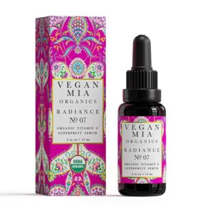 vegan mia – usda organic radiance superfruit vitamin c face serum – organic facial serum blend of potent antioxidants and nourishing vitamins – with baobab, pomegranate, maracuja, and açaí oils for glowing skin, 0.5 fl oz