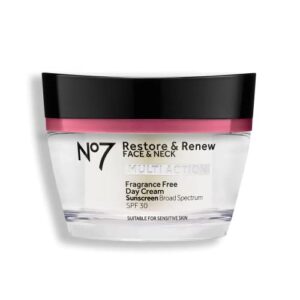 no7 restore & renew multi action face & neck spf 30 day cream fragrance free – anti aging face cream + emblica & vitamin c brightening moisturizer + skin firming hyaluronic acid neck cream (50ml)