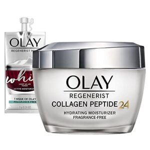 olay regenerist collagen peptide 24 face moisturizer cream with niacinamide for firmer skin, anti-wrinkle fragrance-free 1.7 oz, includes olay whip travel size for dry skin