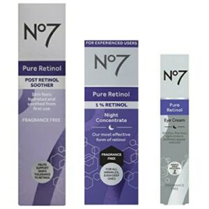 no 7 pure retinol skincare bundle – contains pure retinol night concentrate (1 fl oz), pure retinol eye cream (1.5 oz), and post retinol soother (1.69 fl oz) – no 7 pure retinol beauty set multicolor