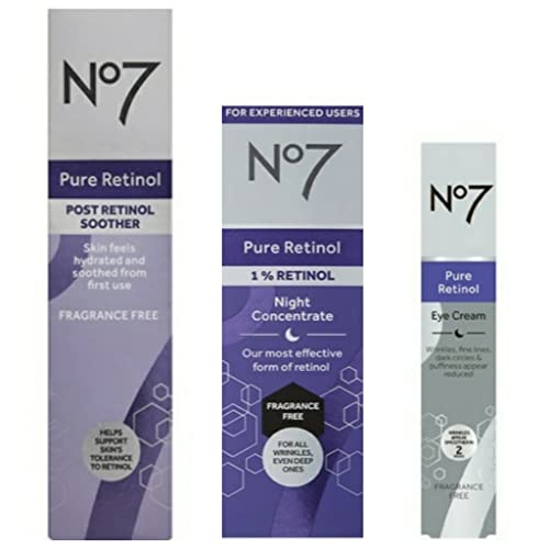 No 7 Pure Retinol Skincare Bundle - Contains Pure Retinol Night Concentrate (1 fl oz), Pure Retinol Eye Cream (1.5 oz), and Post Retinol Soother (1.69 fl oz) - No 7 Pure Retinol Beauty Set Multicolor