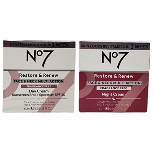 No. 7 No Restore and Renew Face Neck Multi Action Fragrance Free Cream - Day Night Bundle 1.69 fl oz Each by SPF 30 in 2 Pack (1.69 Ounce) jt56191