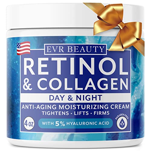 EVR Beauty Powerful Retinol and Collagen Anti Aging Face Cream for Mature Skin - Natural Deep Wrinkle Cream with Hyaluronic Acid for Women and Men of all Skin Types - Use Day and Night - 4 ounce