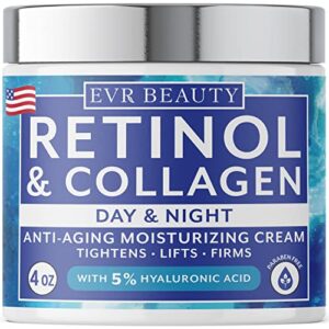 evr beauty powerful retinol and collagen anti aging face cream for mature skin – natural deep wrinkle cream with hyaluronic acid for women and men of all skin types – use day and night – 4 ounce