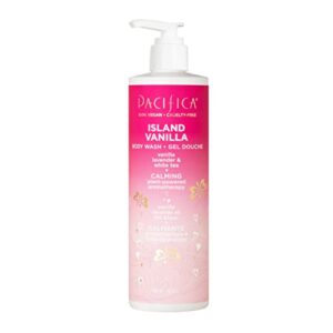 pacifica beauty, island vanilla body wash with pump, aloe + hyaluronic acid, everyday cleansing, bath & shower gel, essential oils, clean, vegan + cruelty & paraben free, pink, 12 fl oz