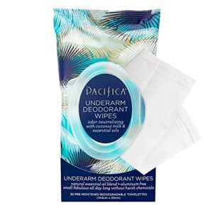 pacifica beauty, coconut milk & essential oils underarm deodorant wipes, 30 count, remove odor on-the-go, aluminum free, travel friendly, fresh coconut scent, 100% vegan and cruelty free