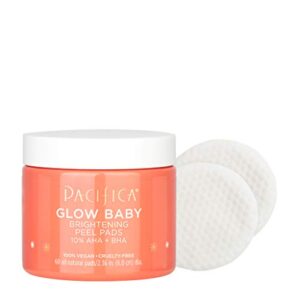 pacifica beauty, glow baby brightening peel pads 10 percent aha and bha, 60 pc, brightens and exfoliates, for all skin types, fragrance free, clean skin care, vegan and cruelty free