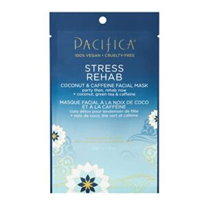 pacifica beauty, stress rehab coconut & caffeine face mask, sheet mask, de-stress, reduce puffiness & redness, for all skin types, green tea, vegan