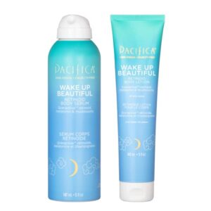 pacifica beauty, wake up beautiful body lotion & body serum set, plumps, renew elasticity, hydrating, petroleum-free, lightweight body moisturizer, body care, night serum, for dryness & fine lines