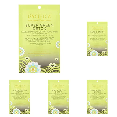 Pacifica Beauty Super Green Tea Detox Kale & Charcoal Facial Sheet Mask for All Skin Types, Vegan & Cruelty Free, 0.67 Fl Oz (Pack of 5)