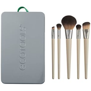 ecotools makeup brush set for eyeshadow, foundation, blush, and concealer with bonus storage case, start the day beautifully, travel friendly, 6 piece set