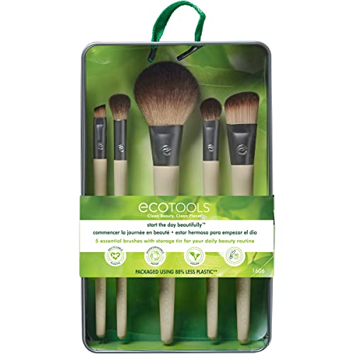 EcoTools Makeup Brush Set for Eyeshadow, Foundation, Blush, and Concealer with Bonus Storage Case, Start the Day Beautifully, Travel Friendly, 6 Piece Set