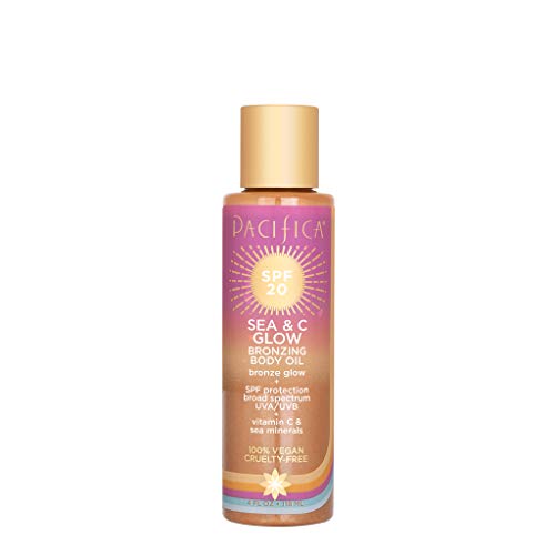 Pacifica Beauty, Sea & C Glow Bronzing Body Oil SPF 20, Broad Spectrum UVA/UVB Protection, Sunkissed Glow, Vitamin C, Sun Care + Skincare, 4 Fl Oz, Vegan + Cruelty Free