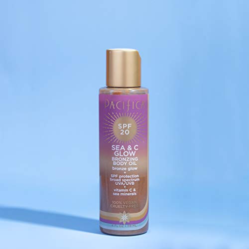 Pacifica Beauty, Sea & C Glow Bronzing Body Oil SPF 20, Broad Spectrum UVA/UVB Protection, Sunkissed Glow, Vitamin C, Sun Care + Skincare, 4 Fl Oz, Vegan + Cruelty Free