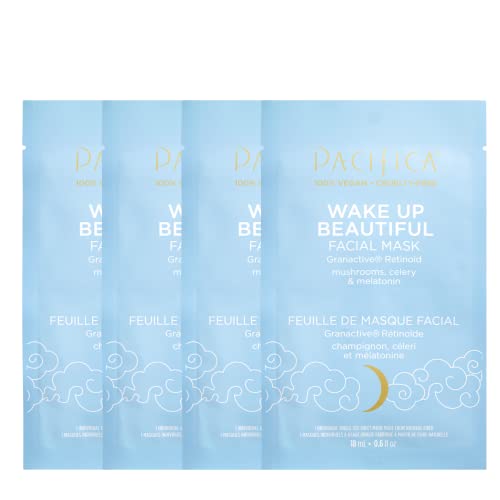 Pacifica Beauty | Wake Up Beautiful Face Mask | Sheet Mask | Retinoid, Mushrooms, Melatonin | Clean Skincare | Fine Lines, Wrinkles, Aging Skin, Mature Skin | Address Skin Texture | Vegan