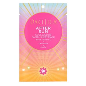 pacifica beauty, after sun cool & glow facial sheet mask, aloe vera, calendula, vitamin c, vanilla, cooling mask, suncare + skincare, sun burn relief, vegan