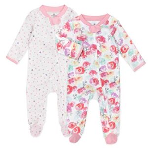 HonestBaby unisex baby 2-pack Organic Cotton Footed Pajama & Play and Toddler Sleepers, Rose Blossom/Love Dot, 0-3 Months US