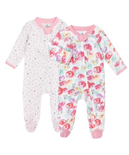 HonestBaby unisex baby 2-pack Organic Cotton Footed Pajama & Play and Toddler Sleepers, Rose Blossom/Love Dot, 0-3 Months US